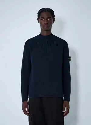 Stone Island Ribbed Logo Patch Crewneck Sweater - Blue