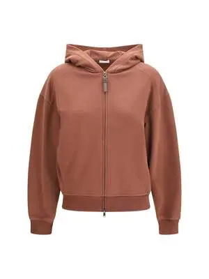 Brunello Cucinelli Hooded Smooth Cotton Sweatshirt With Shiny Zipper Pull - Brown