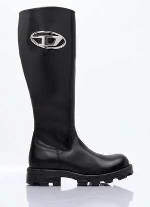 DIESEL® Leather Knee-high Boots With Side Logo Plaque - Black