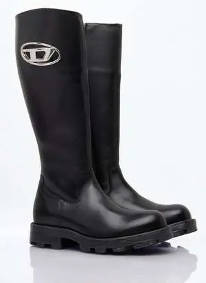 DIESEL® Leather Knee-high Boots With Side Logo Plaque - Black