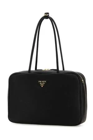 Prada Deer Leather Shoulder Bag With Golden Metal Finishing - Black