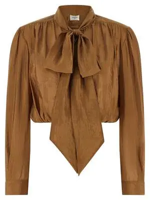 Saint Laurent Lavallière Neck Cropped Blouse - Brown