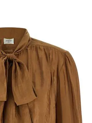 Saint Laurent Lavallière Neck Cropped Blouse - Brown