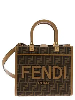 Fendi Sunshine Small Tote Bag With Ff Jacquard Fabric And Leather - Brown
