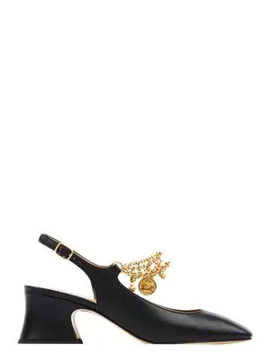 Chloé Black Pumps With Decorative Logo Charm And Wide Heel In Leather - Multicolor