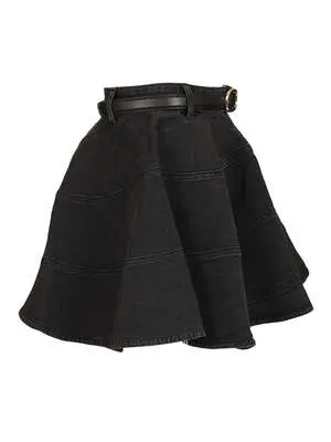 SELF-PORTRAIT Flared Denim Mini Skirt With Belt