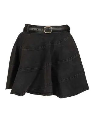 SELF-PORTRAIT Flared Denim Mini Skirt With Belt