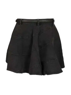 SELF-PORTRAIT Flared Denim Mini Skirt With Belt