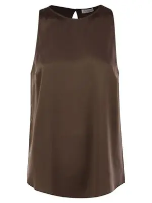 Brunello Cucinelli Stretch Silk Satin Top With Jewellery Embellishment - Brown