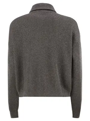 Brunello Cucinelli Cotton & Viscose Rib Knit High Collar Polo With Metallic Thread - Multicolor