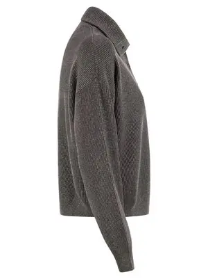 Brunello Cucinelli Cotton & Viscose Rib Knit High Collar Polo With Metallic Thread - Multicolor