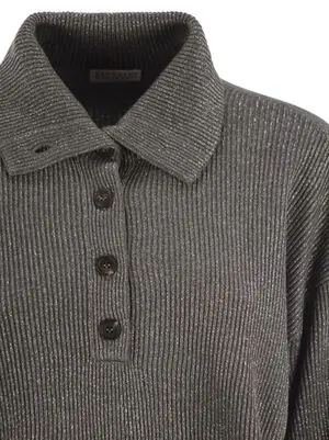Brunello Cucinelli Cotton & Viscose Rib Knit High Collar Polo With Metallic Thread - Multicolor