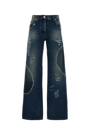 Versace Denim Wide-leg Jeans With Calf Leather Trim - Blue