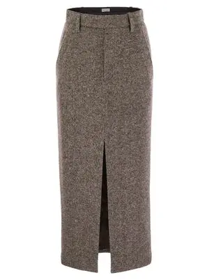 Brunello Cucinelli Sartorial Pencil Skirt In Virgin Wool And Silk Mélange - Brown