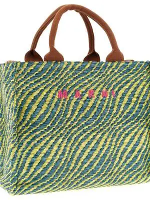 Marni Two-tone Raffia Effect Handbag With Embroidered Logo