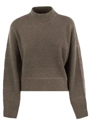 Brunello Cucinelli Cashmere And Wool Turtleneck Sweater With Sequins - Brown