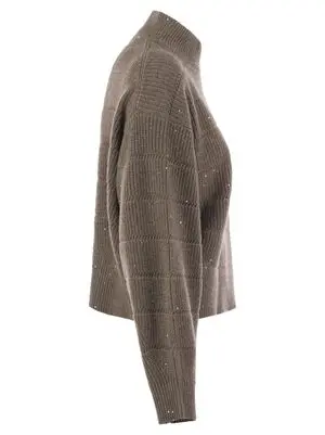 Brunello Cucinelli Cashmere And Wool Turtleneck Sweater With Sequins - Brown