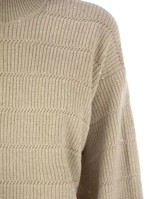Brunello Cucinelli Cashmere And Wool Turtleneck Sweater With Sequins - Cream