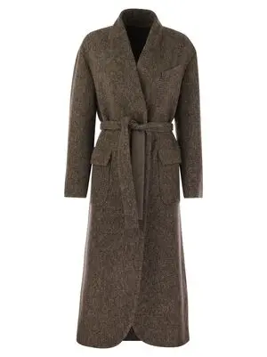 Brunello Cucinelli Wool And Cashmere Diagonal Mélange Coat With Belt