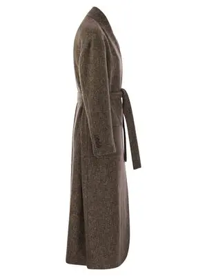 Brunello Cucinelli Wool And Cashmere Diagonal Mélange Coat With Belt