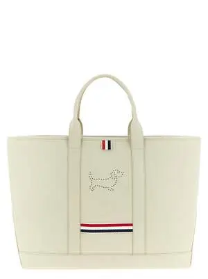 Thom Browne Pebble Grain Leather Tool Tote With Perforated Hector Detail - White