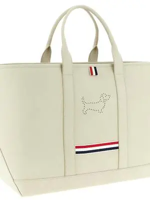 Thom Browne Pebble Grain Leather Tool Tote With Perforated Hector Detail - White
