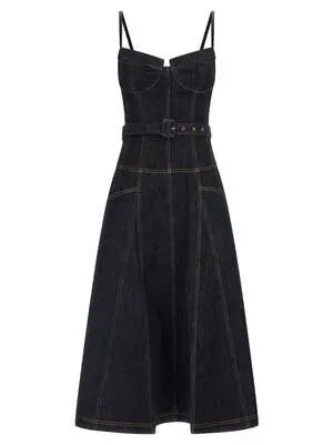 SELF-PORTRAIT Indigo Denim Flared Midi Dress - Blue