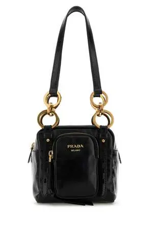 Prada Vitello Leather Mini Handbag With Gold Tone Hoop Handles - Black