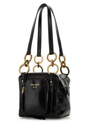 Prada Vitello Leather Mini Handbag With Gold Tone Hoop Handles - Black