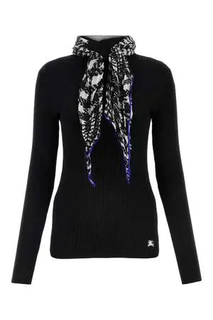 Burberry Viscose Blend Ribbed Sweater With Scarf Detail - Black