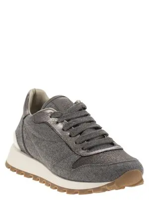 Brunello Cucinelli Virgin Wool Flannel And Lamé Calfskin Runners With Monile Embellishment - Gray