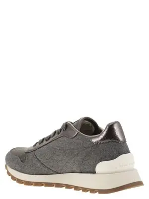 Brunello Cucinelli Virgin Wool Flannel And Lamé Calfskin Runners With Monile Embellishment - Gray