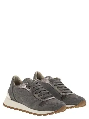 Brunello Cucinelli Virgin Wool Flannel And Lamé Calfskin Runners With Monile Embellishment - Gray