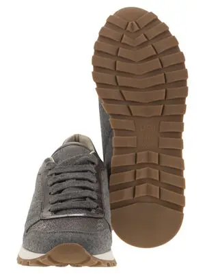 Brunello Cucinelli Virgin Wool Flannel And Lamé Calfskin Runners With Monile Embellishment - Gray