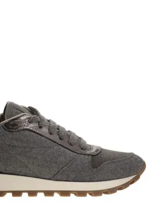 Brunello Cucinelli Virgin Wool Flannel And Lamé Calfskin Runners With Monile Embellishment - Gray
