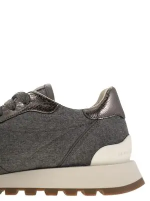 Brunello Cucinelli Virgin Wool Flannel And Lamé Calfskin Runners With Monile Embellishment - Gray