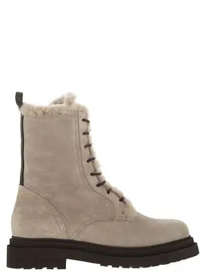 Brunello Cucinelli Suede Lace Up Shearling Lined Boots With Monile Embellishment - White