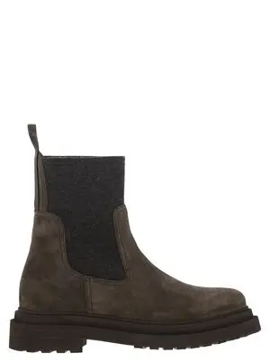 Brunello Cucinelli Suede And Knit Chelsea Boots With Embellished Loop