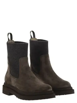 Brunello Cucinelli Suede And Knit Chelsea Boots With Embellished Loop
