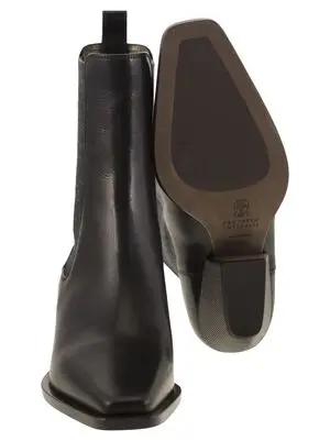 Brunello Cucinelli Classic Leather Chelsea Boots With Embellished Block Heels - Black