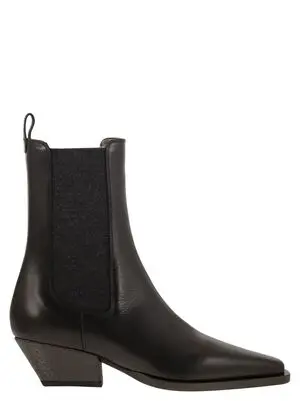 Brunello Cucinelli Classic Leather Chelsea Boots With Embellished Block Heels - Black
