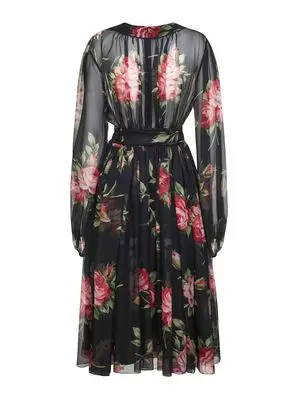 Dolce & Gabbana Black Rose Bouquet Printed Chiffon Dress