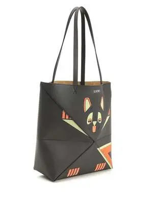 Loewe Medium Puzzle Fold Tote Bag In Calfskin Leather With Futurist Cat Motif - Brown