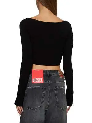 DIESEL® Black Ribbed Knit Off-the-shoulder Cropped Top - Multicolor