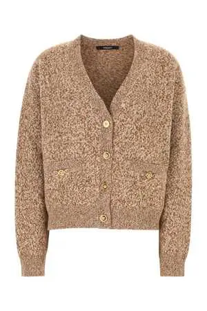 Versace Two-tone Wool Blend Cardigan With Gold-tone Hardware