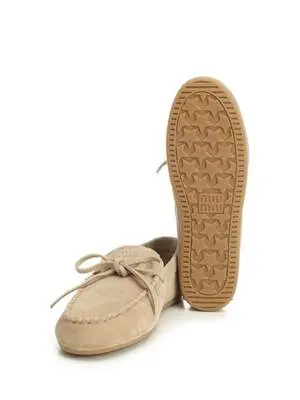 Miu Miu Suede Moc Toe Loafers With Bow Detailing