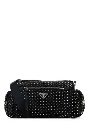 Prada Nylon Shoulder Bag With Silver Tone Embellishments - Black