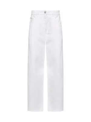 Brunello Cucinelli Ivory Cotton Relaxed Fit Wide Leg Jeans With Monili Embroidery - Multicolor