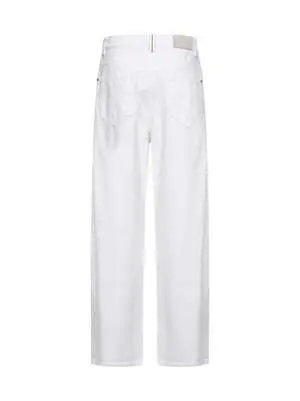 Brunello Cucinelli Ivory Cotton Relaxed Fit Wide Leg Jeans With Monili Embroidery - Multicolor