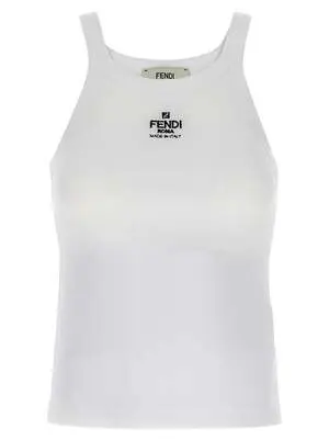 Fendi Ribbed Cotton Tank Top With Embroidered Logo - White